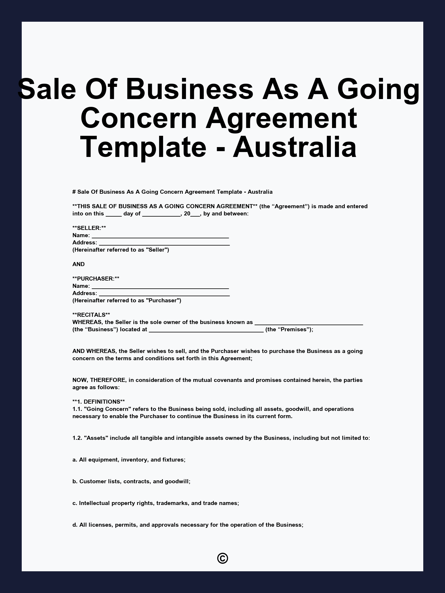Sale Of Business As A Going Concern Agreement Template - Australia