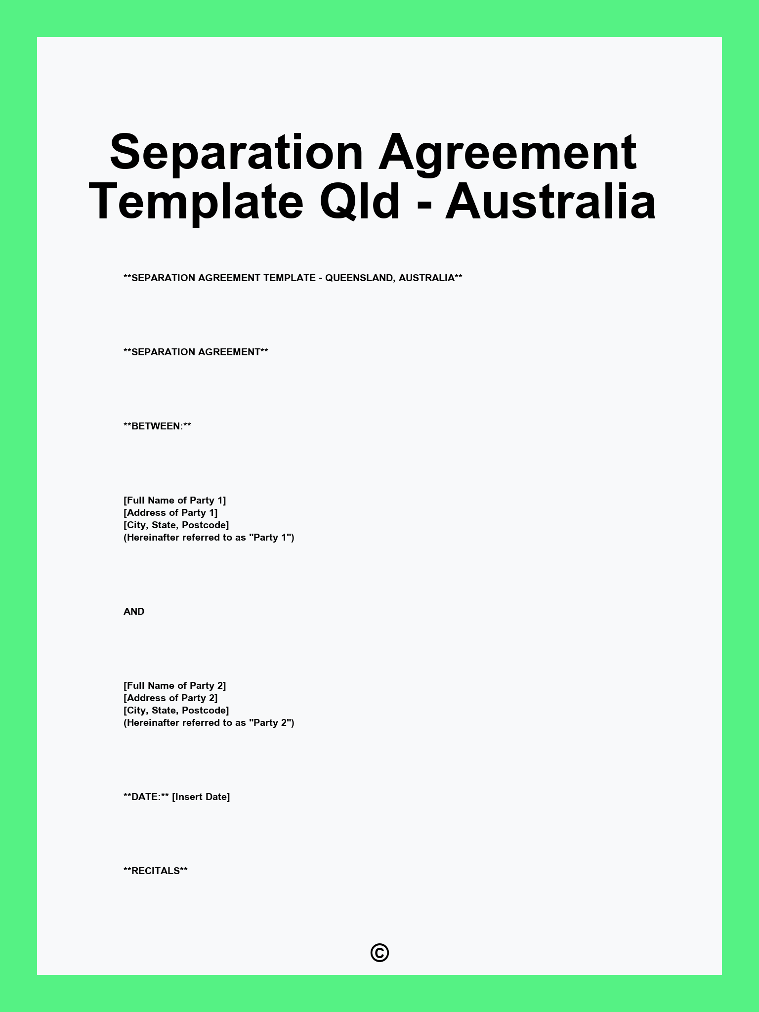 Separation Agreement Template Qld - Australia