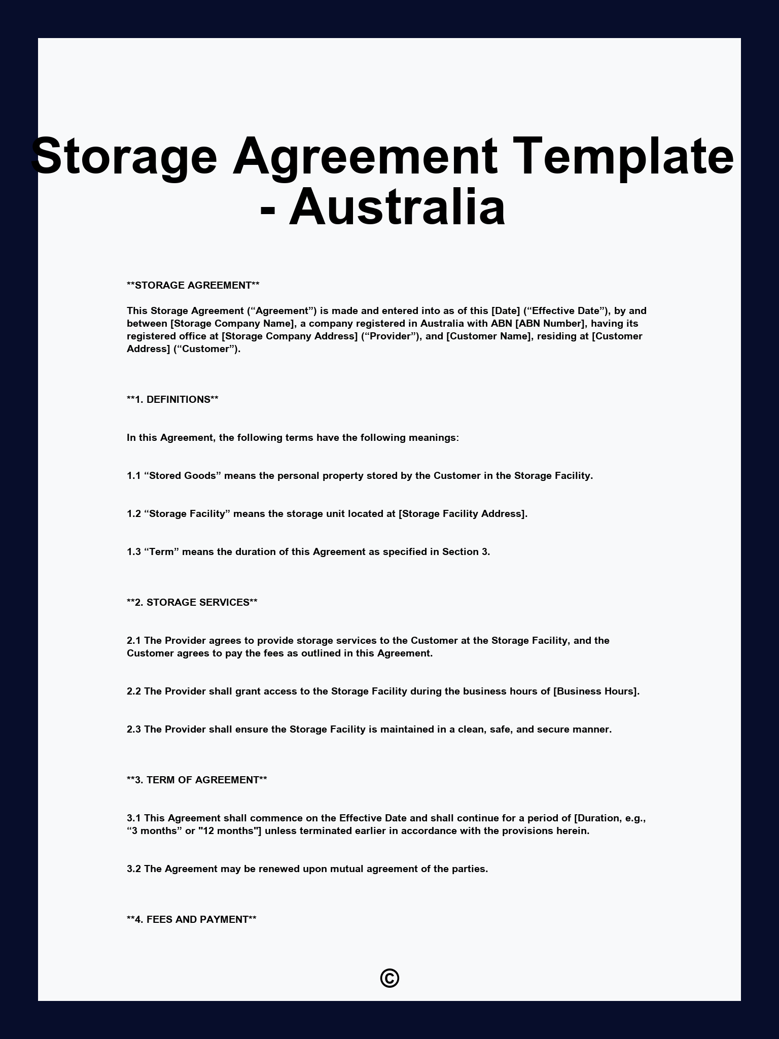 Storage Agreement Template - Australia